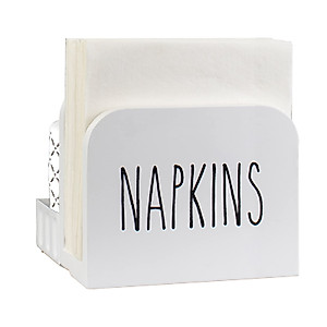 Karisky Rustic Napkin Holder with Salt and Pepper Shakers Holder, Boho 2-in-1 Solid Real Wood and Metal Napkin Caddy with Non-Slip Base for Tables, Kitchen Countertop, White