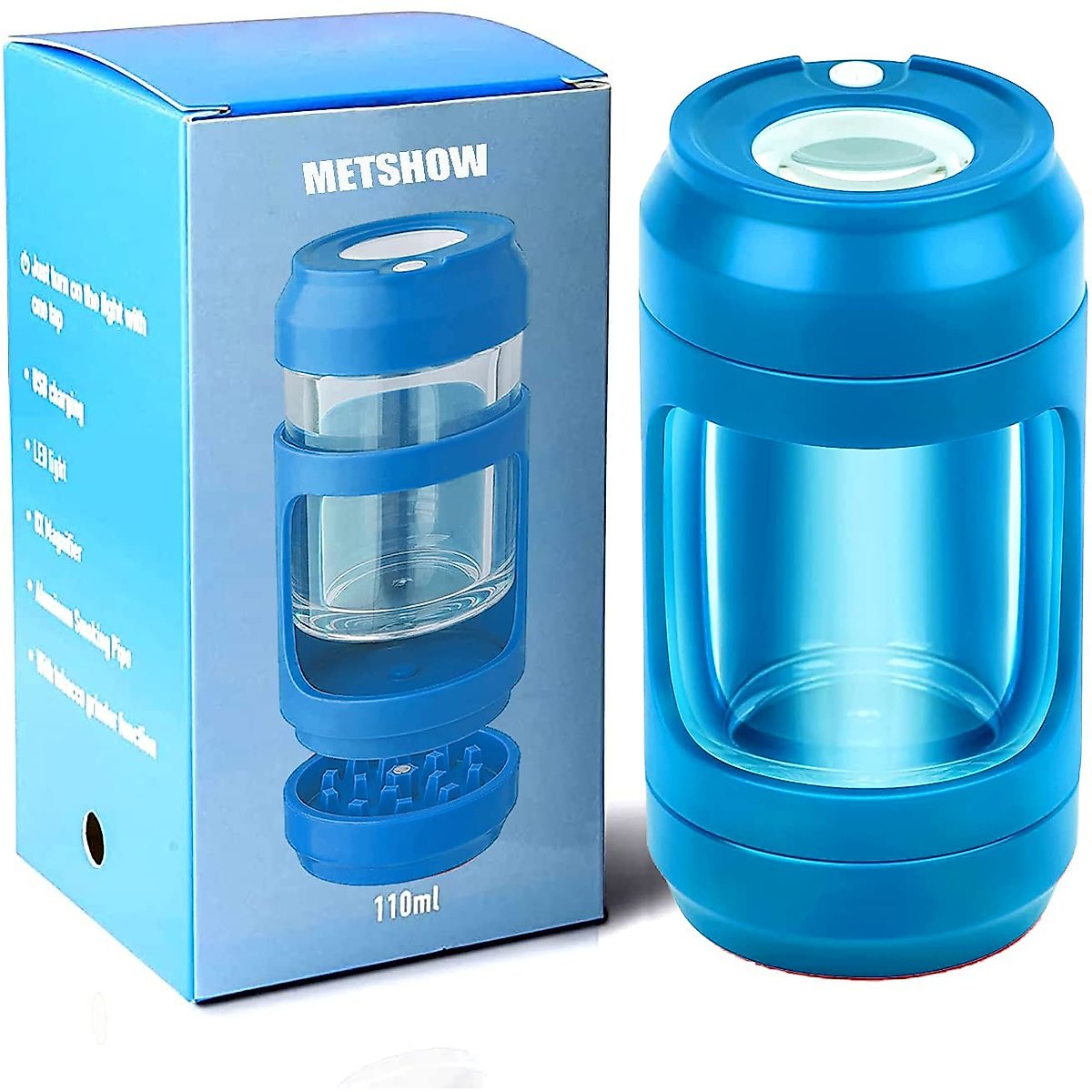 METSHOW Light-Up LED Transparent Seal Storage Jar，Magnifying Viewing Glass Airtight Jar with Grinder ，8 x Magnification Glass (Blue)