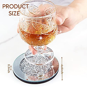 Crushed Glass Coaster Set of 6 Glass Mirrored Coaster, Diamond Crystal Coasters, Silver Cup Mat with Black Coasters Holder (Silver)