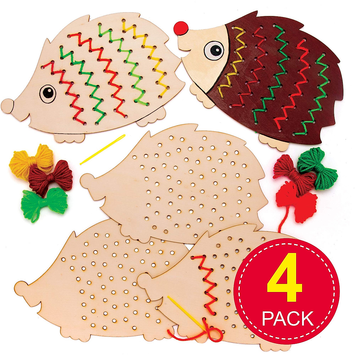 Baker Ross AW934 Hedgehog Wooden Threading Kits - Pack Of 4, Arts And Crafts For Kids, Assorted