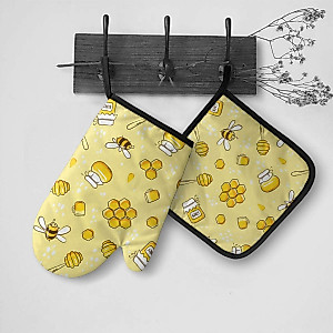 Bee Oven Mitts and Pot Holders Sets Heat Resistant Oven Gloves with Non-Slip Surface for Reusable for Baking BBQ Cooking