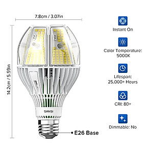 SANSI 10,000 Lumens A21 LED Light Bulb, Super Bright 650W Equiv. E26 Light Bulb with Wide 270° Beam Angle, 5000K Daylight Non-Dimmable Safe 65W Bulb for Workshop Garage Church Supermarket