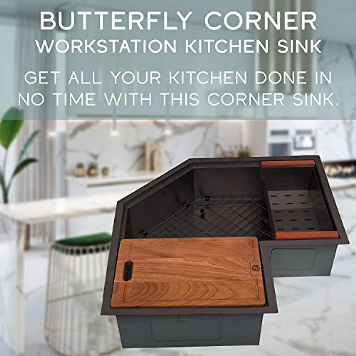 Strictly Sinks 30 Inch Corner Kitchen Sink Undermount– 16 Gauge Stainless Steel Butterfly Sink Undermount, Scratch & Stain Resistant Corner Single Bowl Workstation Sink with Accessories (Black)