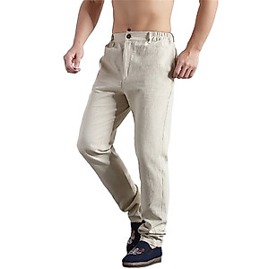 LZJN Men's Linen Slim-Fit Casual Pants LeisureTrousers Back Elastic Waistband with Pockets (Beige, XL)