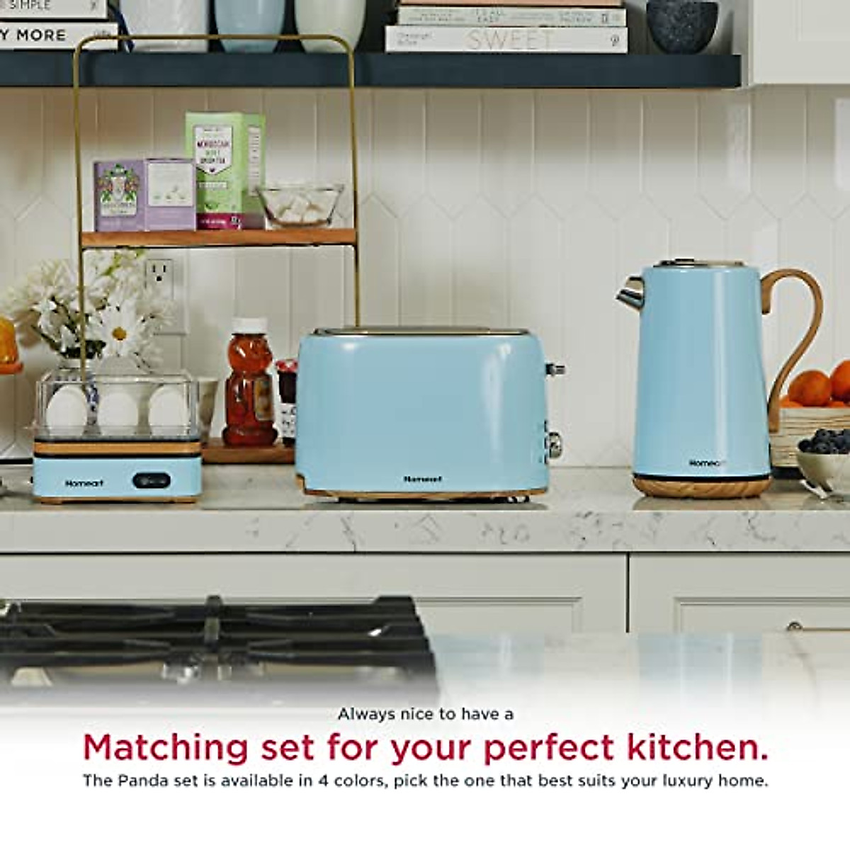 Homeart Panda Cordless Electric Kettle with Wood Detail and 4-Slice Retro Toaster Combo, Powder Blue
