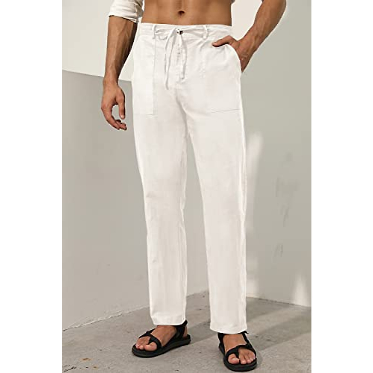 JMIERR Mens Casual Linen Pants Loose Fit Straight Legs Lightweight Elastic Waist Drawstring Trousers Summer Beach Yoga Pant Baggy US 34(M) White