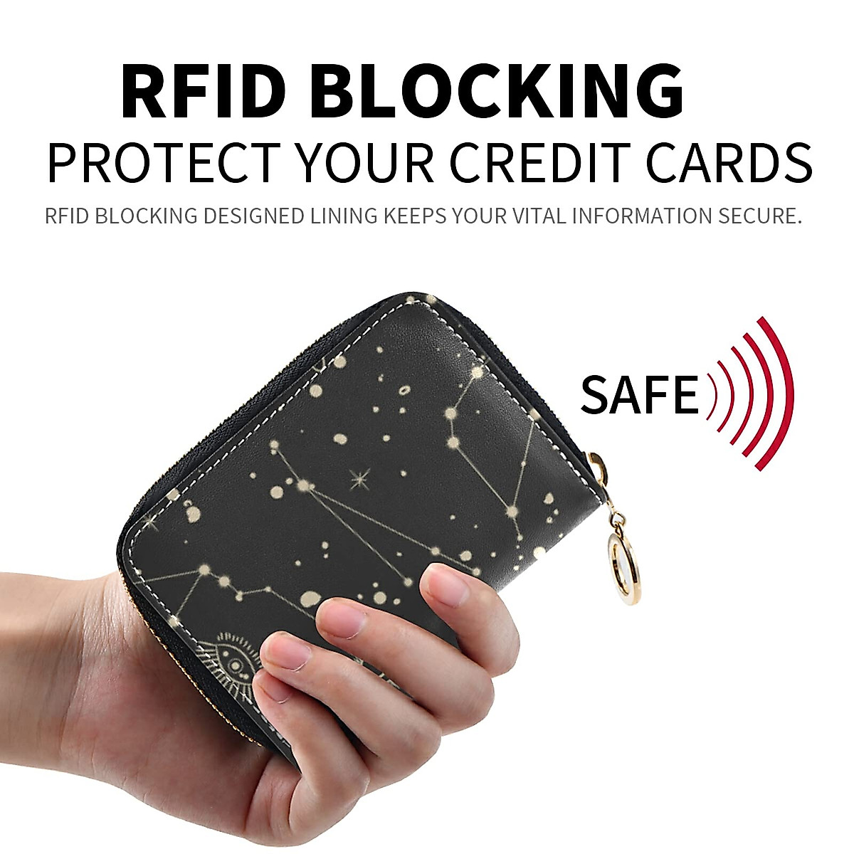 Zodiac Signs Moon Moonlight in Vintage Style on Dark Credit Card Coin wallet, Key Change Organizer Zipper Purse Compact Clutch Pouch Pocket, RFID Blocking Women Leather Card Holder