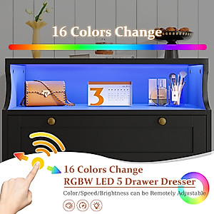 EnHomee 5 Drawer Dresser with LED, Black Dresser for Bedroom, Bedroom Dressers & Chests of Drawers, Tall Dresser with Deep Drawers for Bedroom Hallway Closet