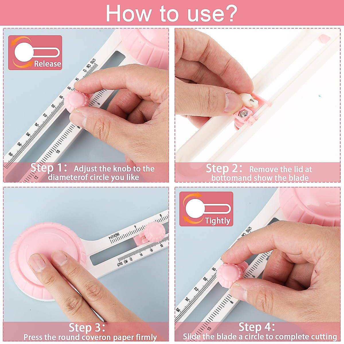 TIESOME Adjustable Circular Paper Cutter, with 3 Replacement Blades, Circle Cutter Tool Rotating Paper Cutter Circular Cutting Tool Paper Trimmer 3.9-12.6in for Scrapbooking Making Art DIY(Pink)