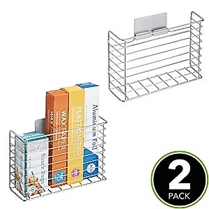 mDesign Metal Hanging Shelf-Adhesive Kitchen Storage Organizer Basket Bin - For Bags, Tin Foil, Wax Paper, Saran Wrap - Hardware Included, Solid Steel, 2 Pack - Chrome