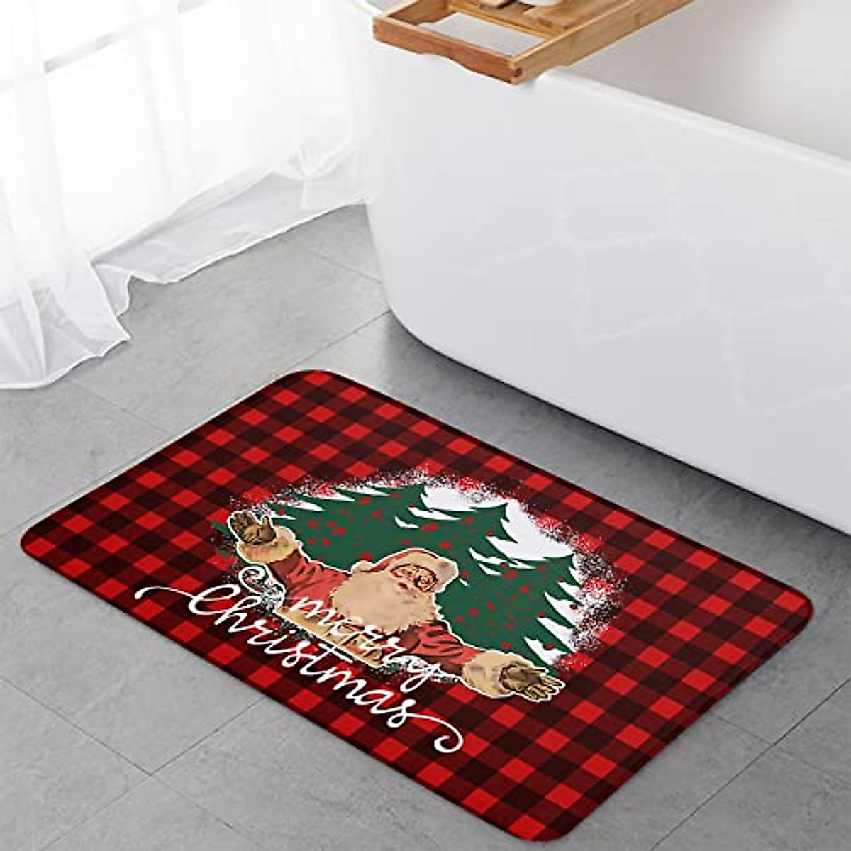 Christmas Bath Rugs Santa Claus Xmas Trees Sponge Doormat Absorbent Non Slip Backing Durable Soft Flannel Mat Red Black Buffalo Plaid Christmas Memory Foam Mats for Bathroom Kitchen 18 x 30 inches
