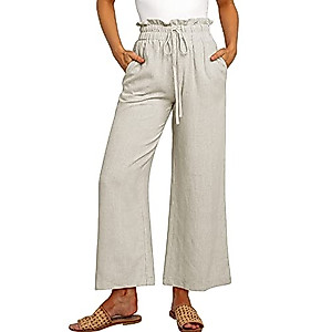 ANRABESS Women's Linen Pants Casual Loose High Waist Drawstring Wide Leg Capri Palazzo Lounge Pants Cropped Trousers Summer Boho Outfits 939maxing-S Beige