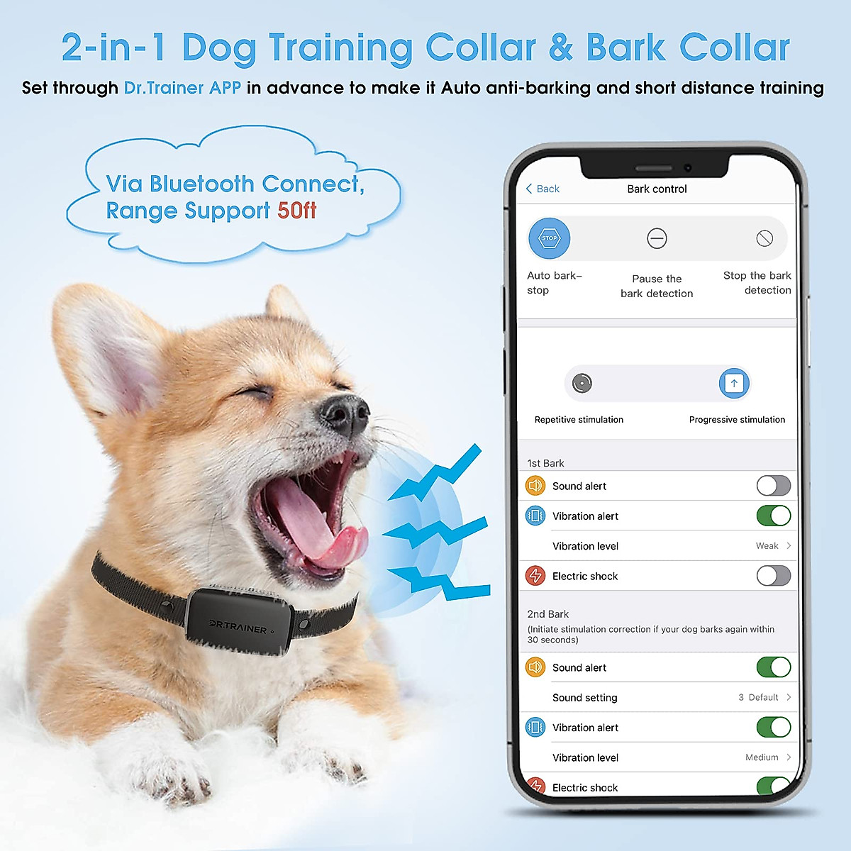 Bark Collar with Remote, Quick Charge IPX8 Waterproof Dog Shock Collar with APP, Free Combination Mode with Custom Sound,Vibration,Shock, T1sPro Include B1sPro All Functions