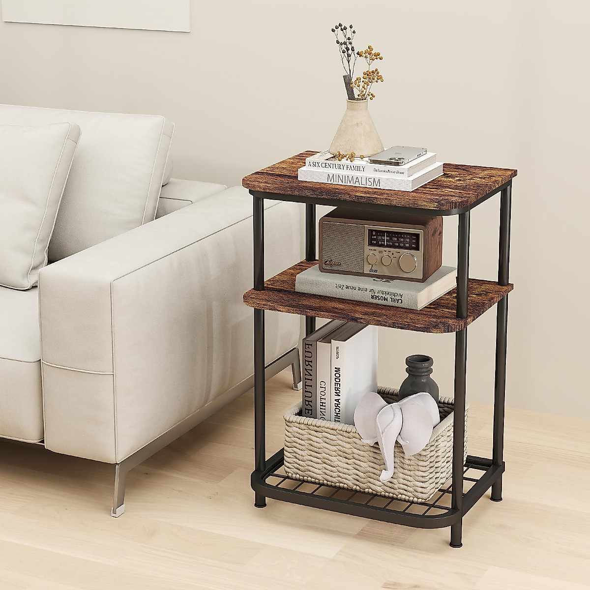 MOFAIN Side Table 3-Tier Small End Table for Small Spaces Storage Accent Table Night Stand for Living Room Bedroom Couch(Rustic Brown)