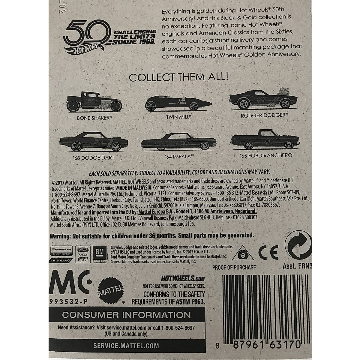 Hot Wheels 2018 50th Anniversary Black & Gold Series 1/64 Scale Diecast Model Car ('64 Impala 5/6)