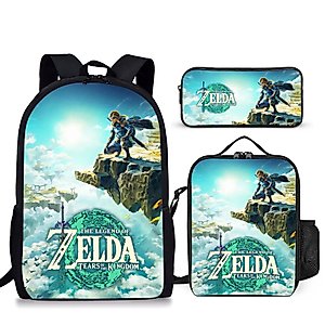 RDXLAYIV Zelda Tears of The Kingdom Backpack 17inch Backpack 3pc Backpacks Set School Bag Game Fans Gift with Lunch Bag Pen Case for Boys Girls Studen