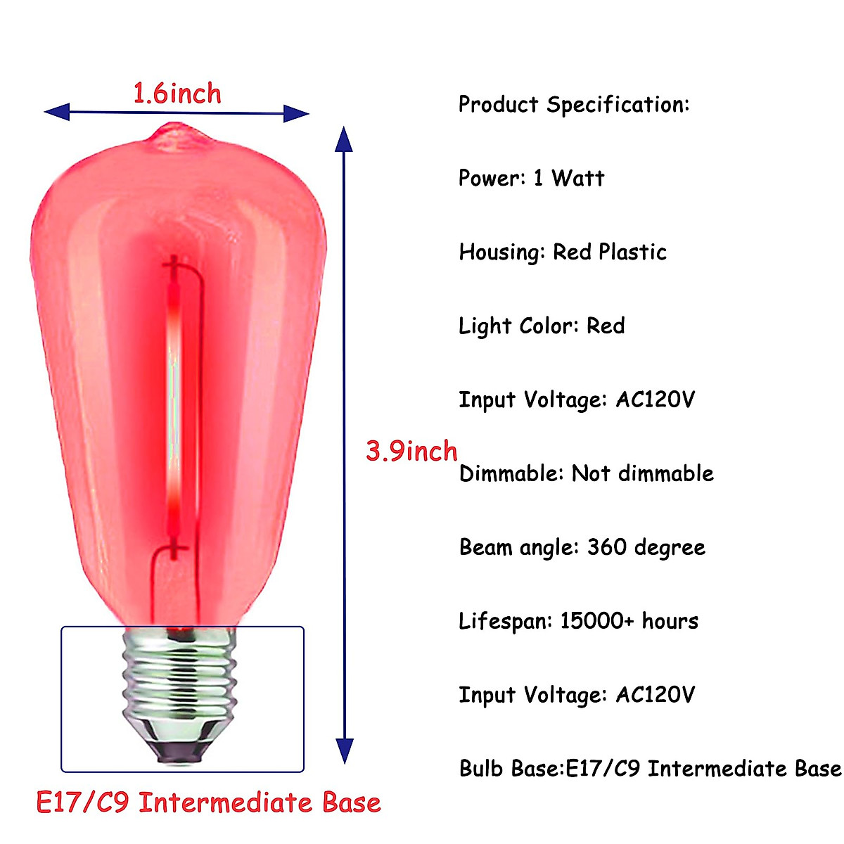 LRSUEYSKIN E17 LED Bulb Red ST40 Replacement Bulb 1W Shatterproof Plastic Colored Light Bulb Waterproof C9/E17 Screw Base ST40 String Light Replacement Bulb for Patio Yard Party Wedding, 15 Pack(Red)