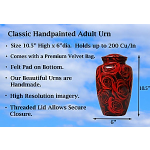 Bhartiya Handicrafts Red Rose Cremation Urn for Human Ashes - Suitable for Male & Female Adult Memorial urn, Urns for Ashes Adult Female for Home or Burial - Remains up to 200 lbs (Design 9)