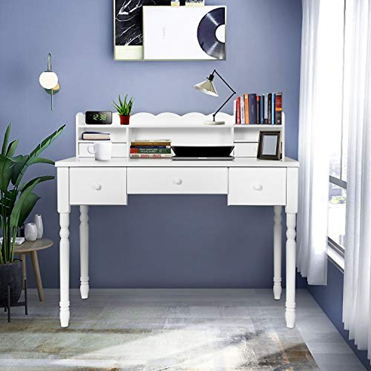 FUNKOCO White Writing Desk with Detachable Hutch& 5 Drawers,Modern Computer Workstation for Home Office,Vanity Table