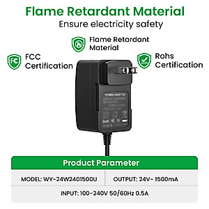 Auspow 24V Power Supply for Razor MX350, Dirt Quad, Pocket Mod, E200, E300, PR200, E100, E500, and Sports Mod, 3-Prong 24V 1.5A Adapter Power Cord Replacement for Part# W13112099014