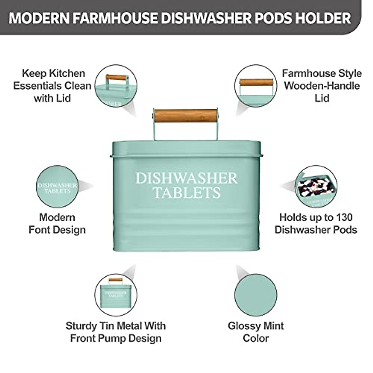 Calindiana Modern Farmhouse Metal Dishwasher Pods Container with Lid for Kitchen Organization and Storage, Kitchen Essentials Decor Accessories, Dishwasher Pods Holder, Mint