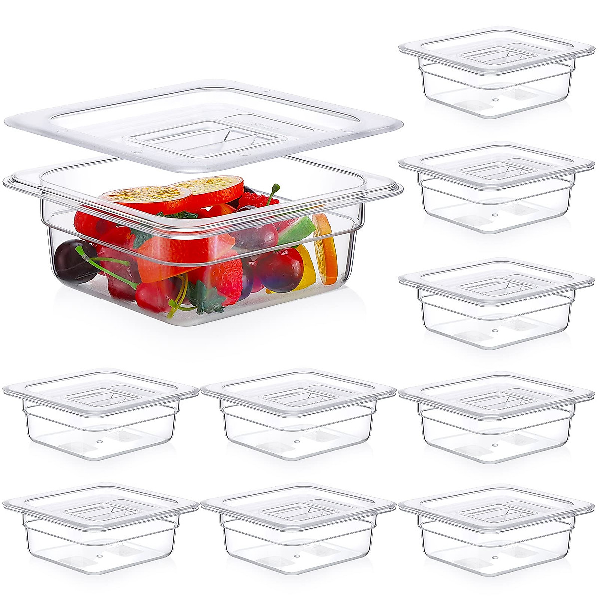 Sieral Clear 1/6 Size Food Pan Restaurant Containers with Lids Square Cambro Food Storage Polycarbonate Salad Bar Containers Commercial Hotel Pans for Kitchen Food Prep (10 Pcs, 2.6 Inch, 1 Quart)