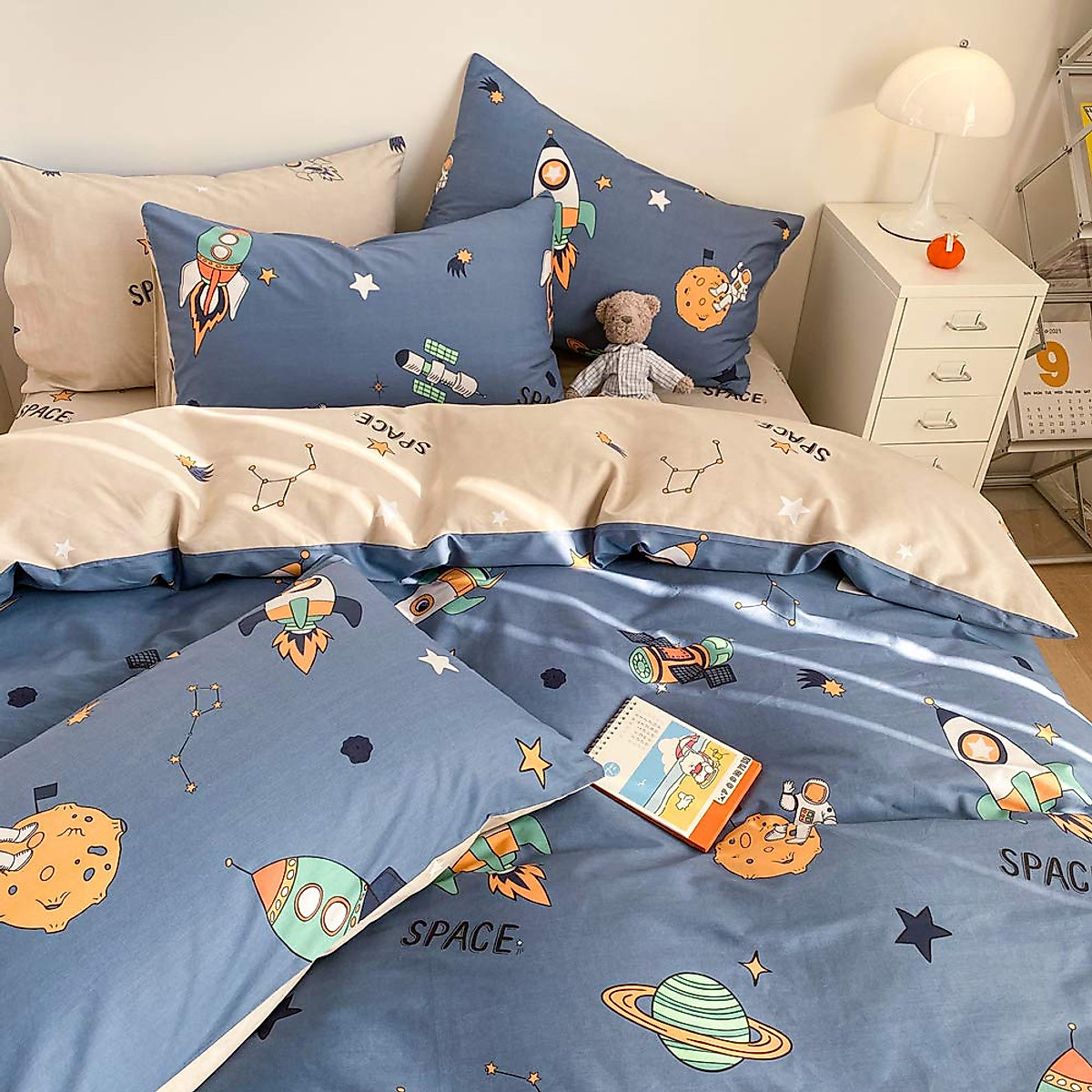 BlueBlue Astronaut Duvet Cover Set Twin 100% Cotton Bedding for Kids Boys Girls Teens Space Galaxy Rocket Star Constellation on Navy Blue 1 Cartoon Comforter Cover Zipper Ties 2 Pillowcases Twin