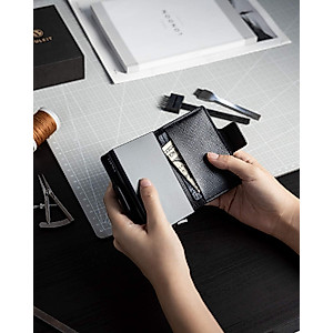 VULKIT Credit Card Holder RFID Blocking Leather Automatic Pop Up Wallet Magnetic Wallet Double Card Case for Men and Women Cross Black