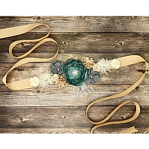 Sage Forest Green Flower Belt Sash Bridal Maternity Belly Band Brown Gray Flowers Baby Shower Gender Reveal Keepsake Gift