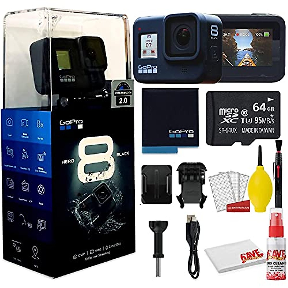 GoPro HERO8 Black Digital Action Camera - Waterproof, Touch Screen, 4K UHD Video, 12MP Photos Live Streaming, Stabilization - with Cleaning Set + 64GB Memory Card and More - Starter Bundle