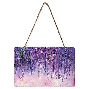 Slate Hanging Wall Sign Wisteria Floral Wall Plaque Wood Signs with Rope Purple Watercolor DIY Hanging Door Sign for Front Porch/Entryway/Outdoor/Garden Home Decor, 8x5inch