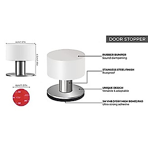 Door Stoppers with Extra Stickers, Self-Adhesive Door Stop with White Rubber & Stainless Steel Body - Heavy Duty Sound Dampening Door Bumpers for Home & Office, Door stoppers for Bottom of Door