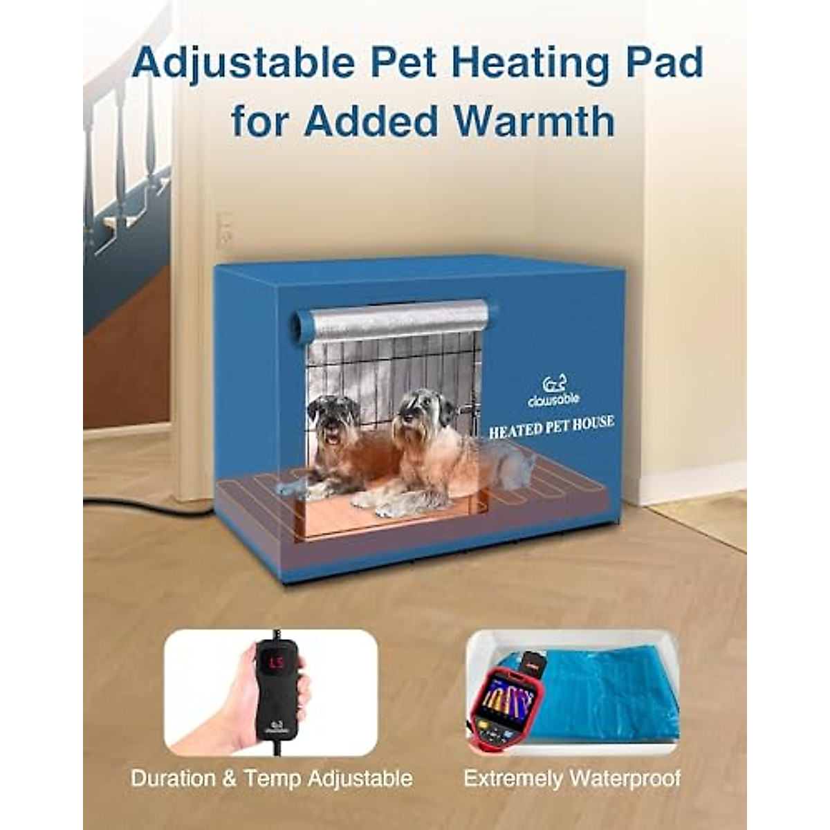 Heated Dog House for Outdoor, Dog Crate Kit for Small Medium Intermediate Dogs, 2 Doors Heavy-Duty Dog Kennel Value Pack with Insulated Crate Cover & Bed & Adjustable Pet Heating Pad (36 Inch Kit)