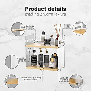 FSyueyun 2 Tier Bathroom Countertop Organizer, Wooden Vanity Shelf for Makeup, Skincare, Perfume, and Kitchen Spice Rack Tray (Beige)