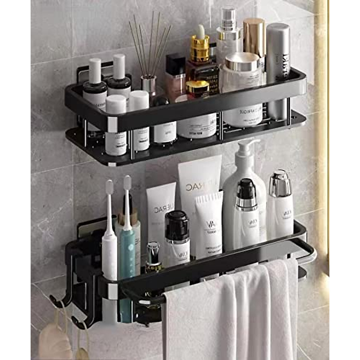 JZRH Shower Box, Strong Adhesive Shower Box Set of 2, with Hanging Rod and 2 Detachable Hooks, Suitable for Bathroom, Kitchen, Balcony and Toilet Black