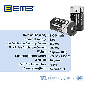 4Pack EEMB 3.6V D Cell Batteries ER34615 D Size Lithium Batteries 19000mAh Li-SOCL₂ Non-Rechargeable Battery LS-33600 XL-205F for CNC & Printing Machine Tool,Meter,Clock & 1 Year Manufacturer Warranty