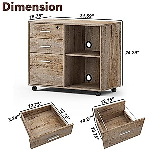 Maxtown Wood Filing Cabinet, Mobile Lateral Filing Cabinet with Lock, 3 Drawer Filing Cabinet with Open Storage Shelves, Printer Stand for Home Office, Walnut