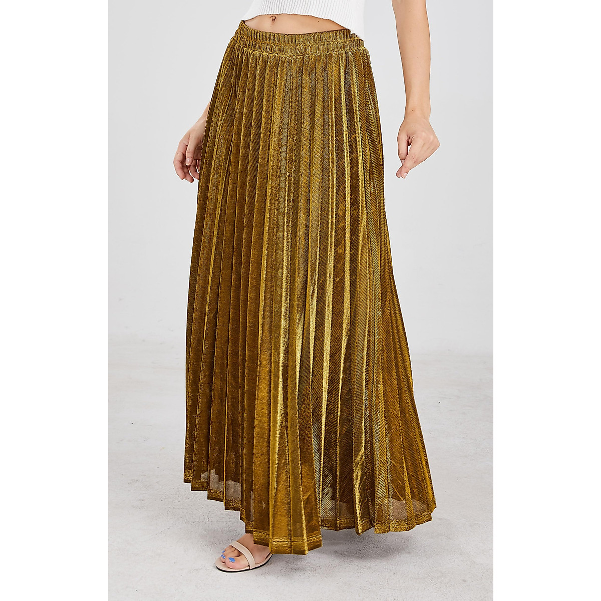 CHARTOU Women's Premium Metallic Shiny Shimmer Accordion Pleated Long Maxi Skirt (Small, Gold)