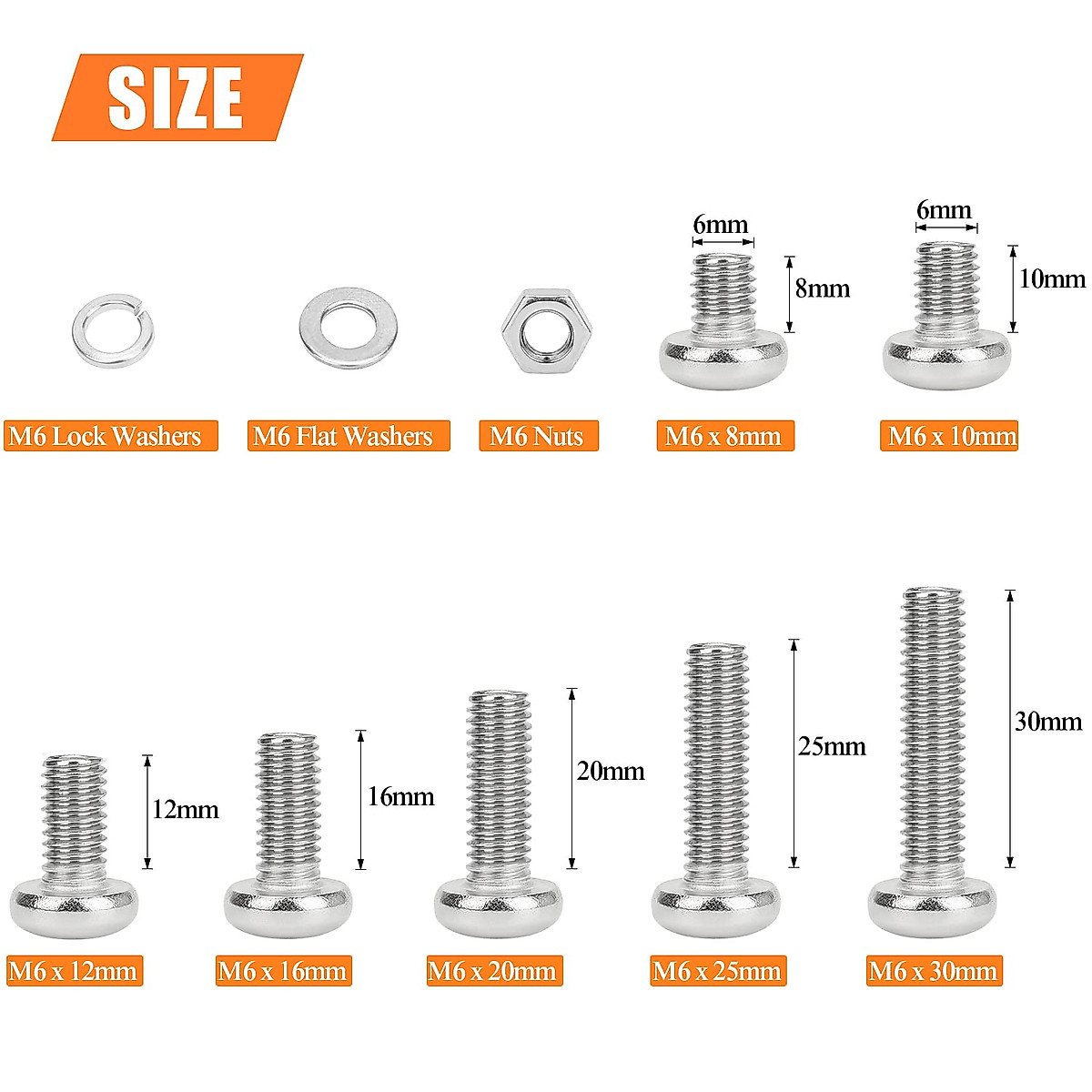 HELIFOUNER 128 Pieces M6 x 8mm /10mm /12mm /16mm /20mm /25mm /30mm, Phillips Pan Head Machine Screws, Metric Screws Bolts Washers Nuts Kit, 304 Stainless Steel