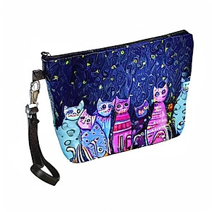 Poceacles Colorful Cats Print Small Makeup Bag for Purse for Women Cute Cosmetic Bag Large Capacity PU Leather Makeup Bags Travel Toiletry Bag Organizer Pouch with Wrist Strap