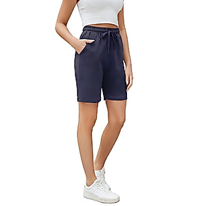 Vodi Mosa Sweat Shorts for Women High Waist Stretchy Comfy Cotton Shorts Womens Long Running Yoga Shorts (NavyBlue, L)