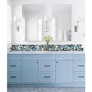 Primoon Interlocking Pebble Tiles 5 Sheets, Aqua Teal Blue Mosaic Tiles Mesh Mounted, 12x12 Waterproof Ceramic Tile Flooring for Kitchen Bath Backsplash Shower Floor Pool