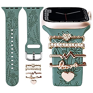 Watch Band Charms (Band Included), Compatible with Apple Watch Band 38mm 40mm 41mm, ORATYFAN Floral Engraved Silicone Bands & Metal Decorative Ring Loops Accessories for iWatch Series se 8 7 6 5 4 3 2 1