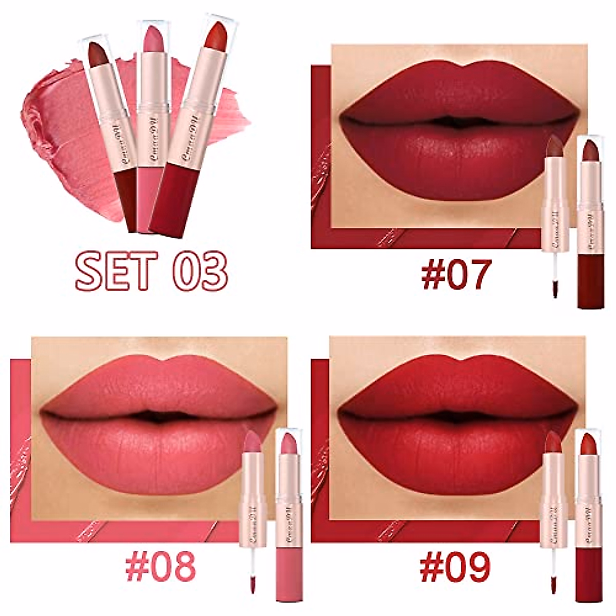 evpct 2 In 1 Deep Red Matte Lipstick & Long Lasting Smudge Proof Liquid Lipstick Lip Gloss Stain 3Pcs Set for Women Red Rose Nude Pink Matte Mate Vegan Long Lasting Lipstick 24 Hour Pack Waterproof 3