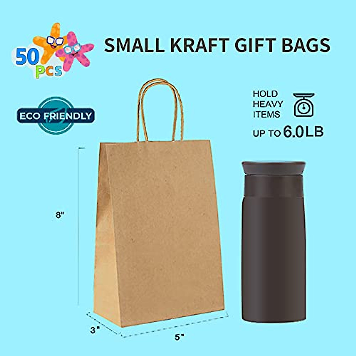 Ecicdo 50 Pieces 5x3x8 Inches Kraft Paper Gift Bags with Handles, Small Paper Bags with Handles, Paper Party Favor Bags