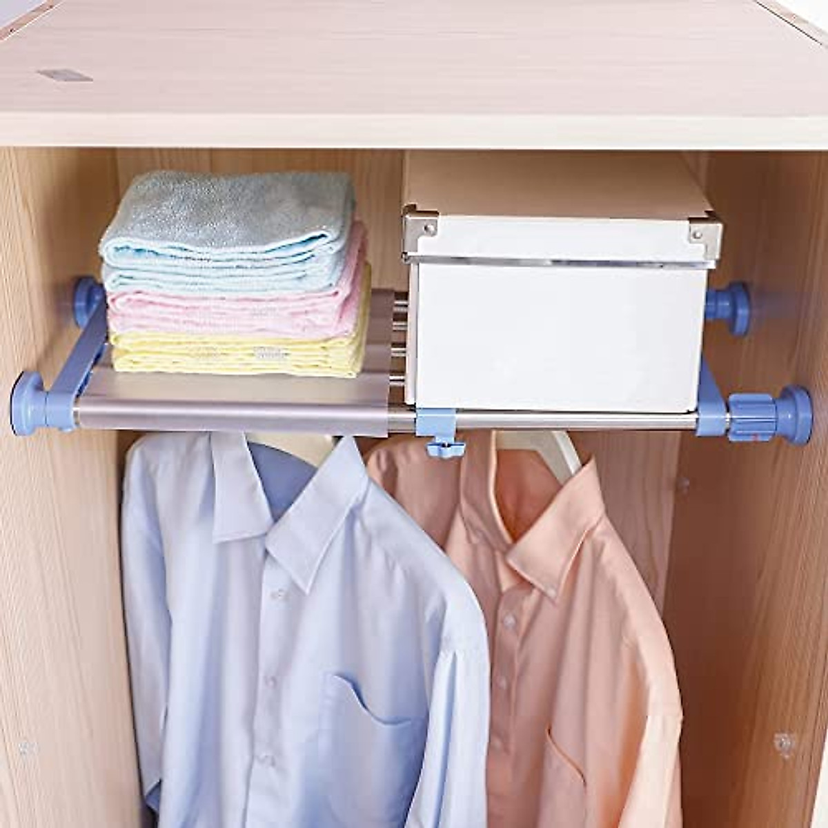 Hershii 1 shelves Closet Tension Shelf & Rod Expandable Metal Storage Rack Adjustable Organizer DIY Divider Separator for Cabinet Wardrobe Cupboard Kitchen Bathroom - Blue