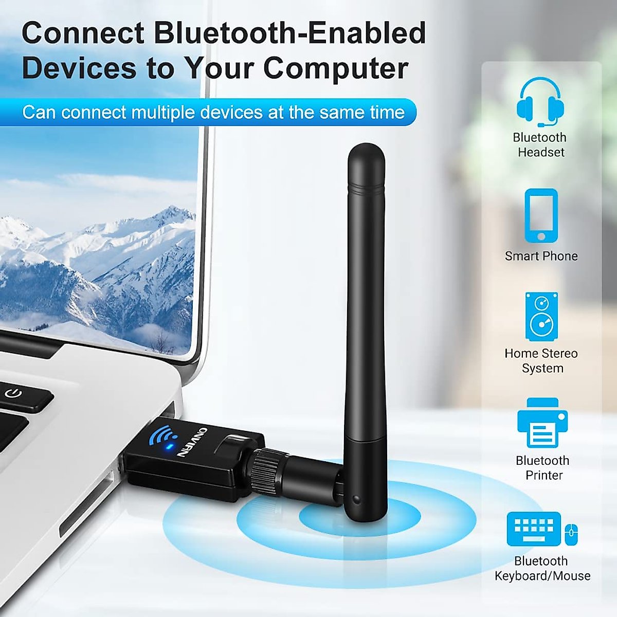 ONVIAN Bluetooth 5.0 Adapter for PC, 100M/328FT Long Range USB Bluetooth Dongle for PC Windows11/10/8/8.1/7, Wireless Bluetooth Transmitter Receiver for Desktop Laptop