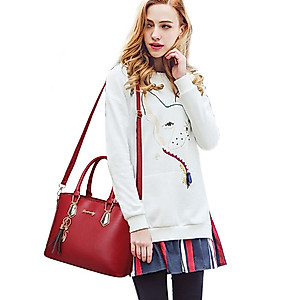 2 Pcs Women Fashion Handbags, Tote Bags Shoulder Bag Top Handle, Leather Tote Purses, Red