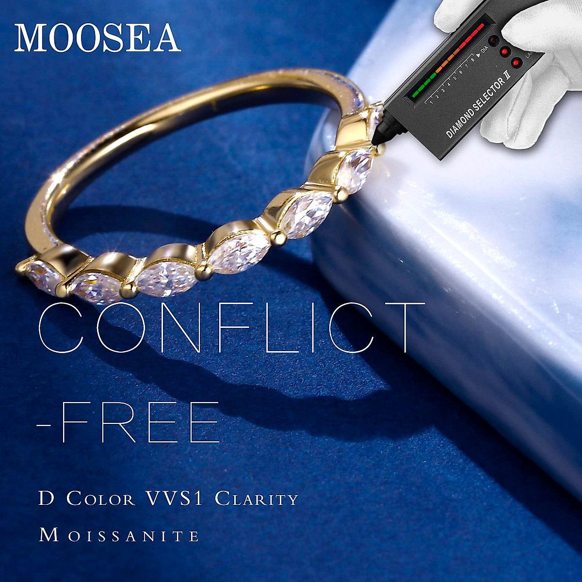 MOOSEA Versailles Moissanite Wedding Band for Women, D Color VVS1 Clarity Lab Created Diamond Rings 14K Yellow Gold Vermeil Floating Marquise Moissanite Anniversary Rings for Women Mom Wife Gifts