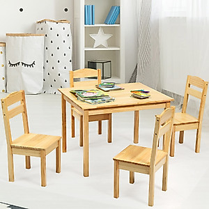 KOTEK Kids Wood Table and 4 Chair Set, Children Multi Activity Table for Learning, Playing, Drawing, Toddler Picnic Table and Chairs Set for Home, Classroom and Daycare (Natural)